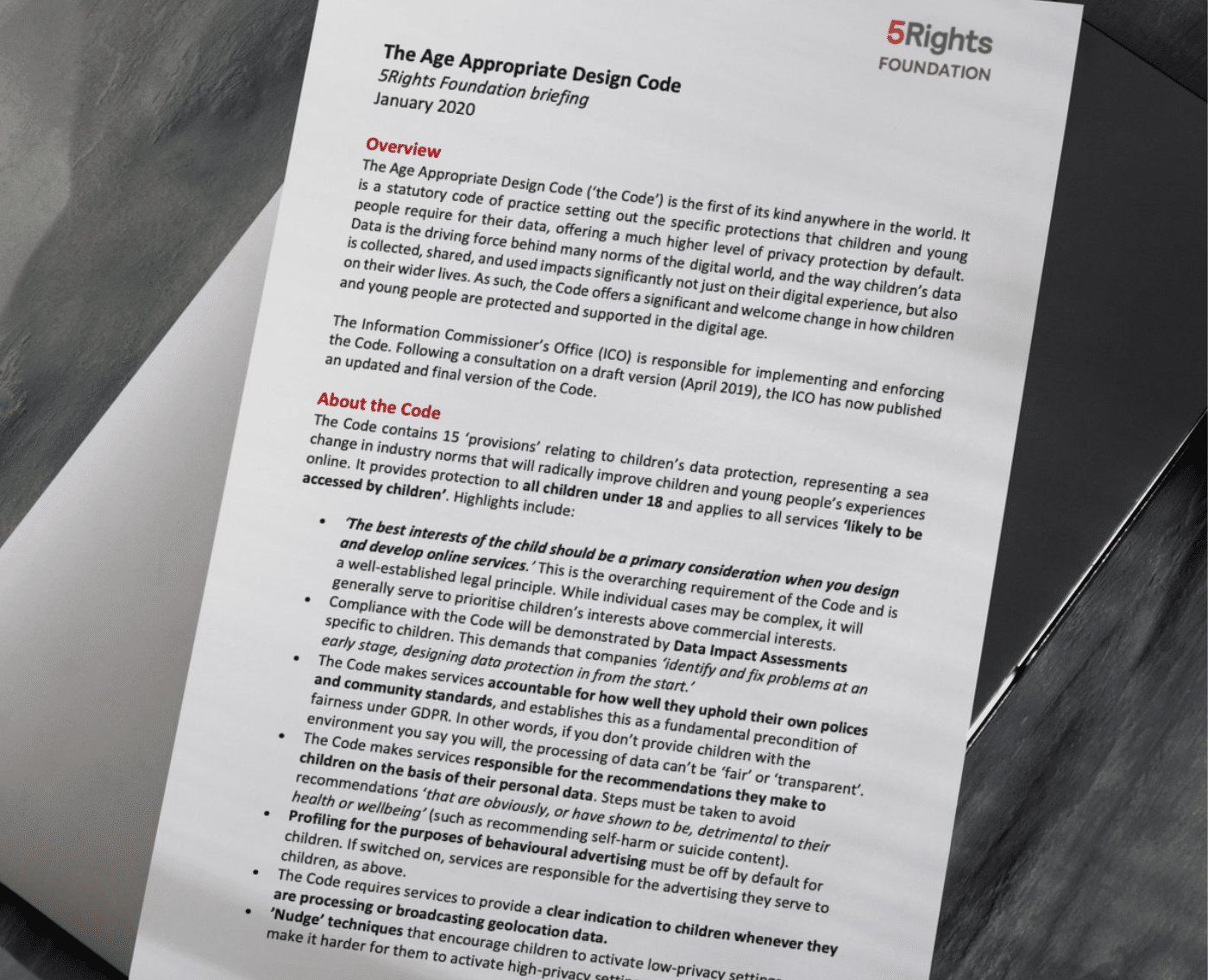 Briefing on the Age Appropriate Design Code - 5rights